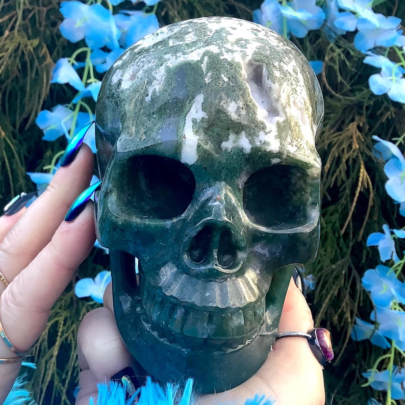 Moss Agate Crystal Skull ~ 2 Lb. 11 Oz. ~ 5" Long ~ Swirling Green ...