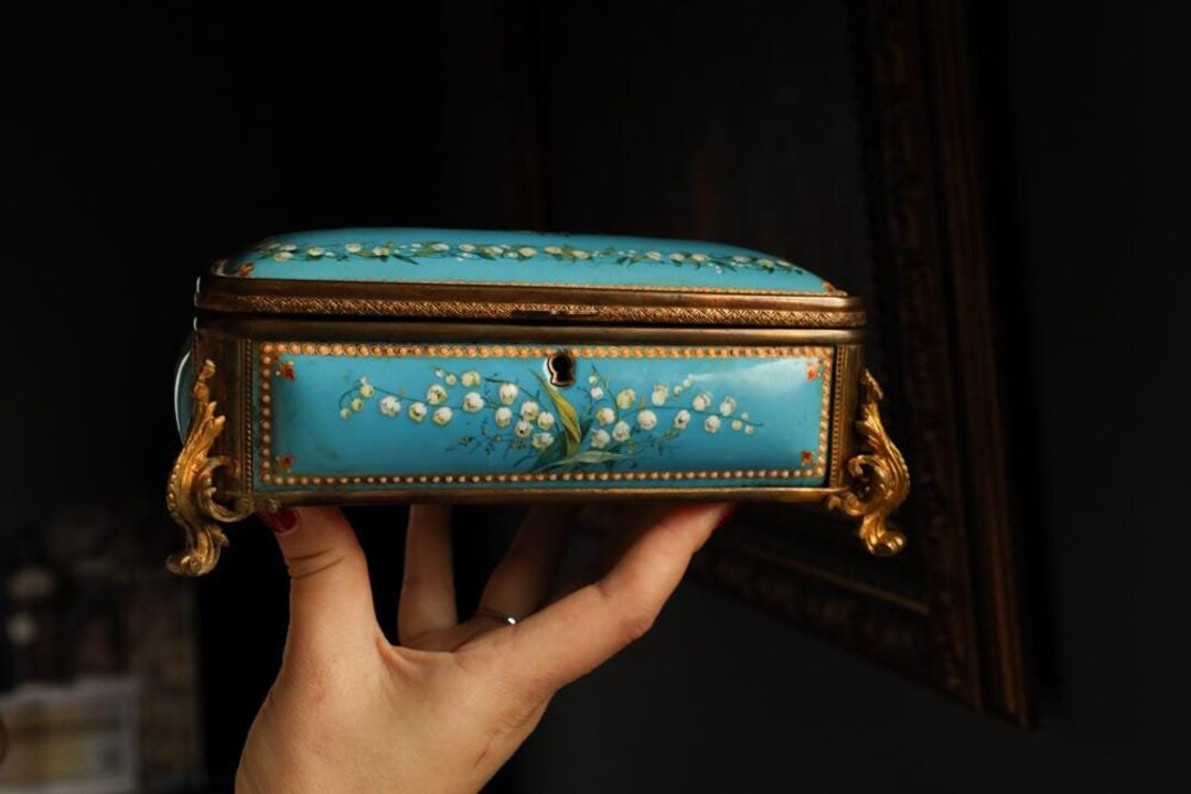 Antique French Jewelry Box by TAHAN, Blue Enamel Box for Jewelry, Pink ...