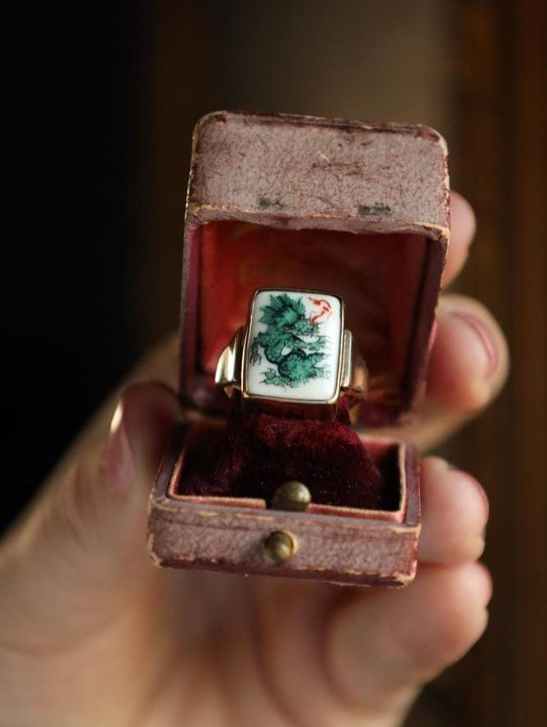 14k Gold Dragon Ring: German Vintage Signet, Meissen Porcelain - Etsy