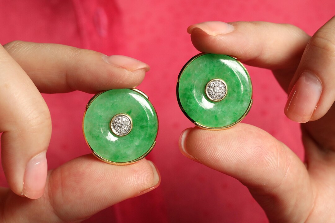 18K Gold Lime Green Jade Earrings: Diamond Flower, Mid-century Jewelry ...