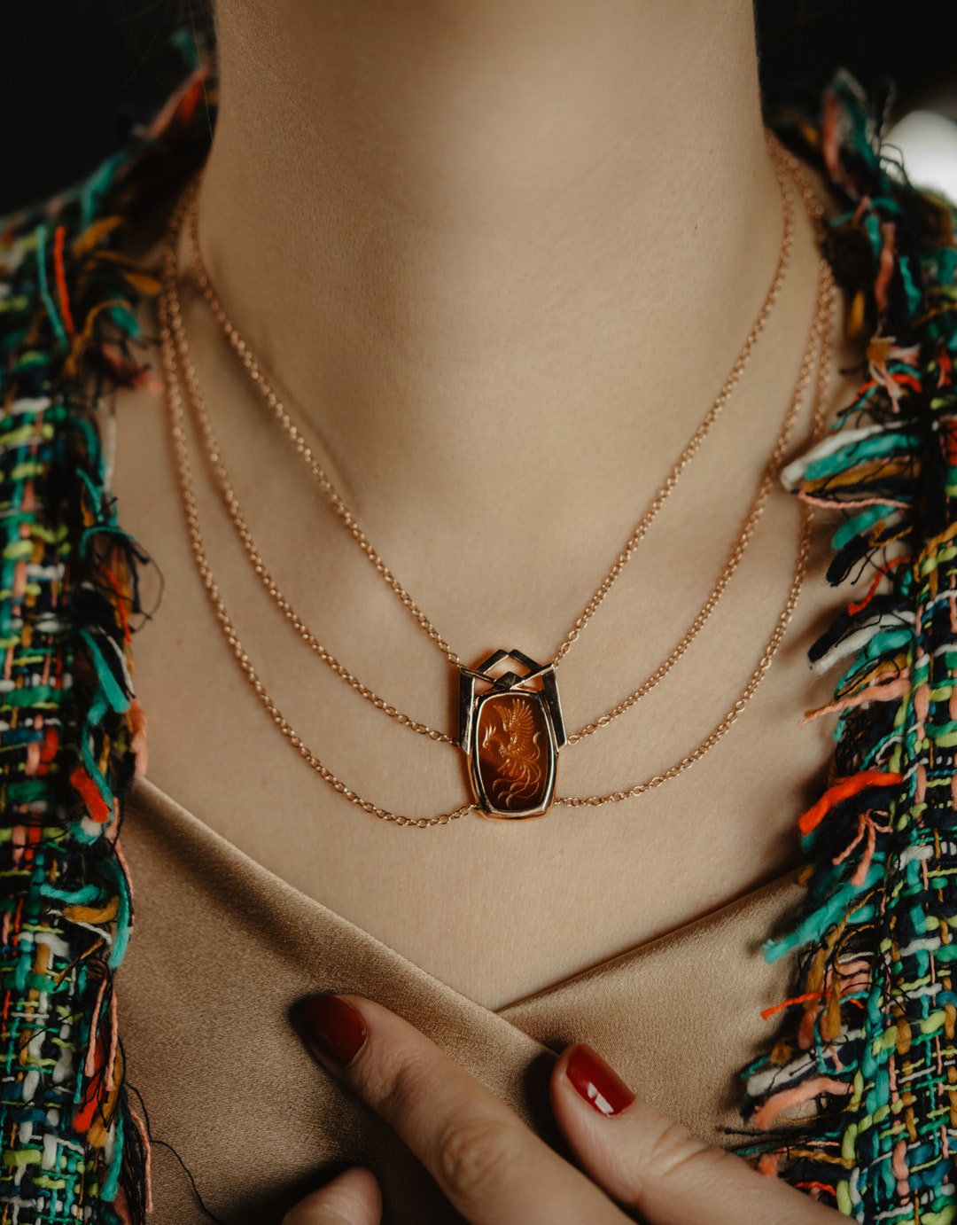 10k Gold Swag Intaglio Necklace, Fancy Link Multi Strand Chain ...