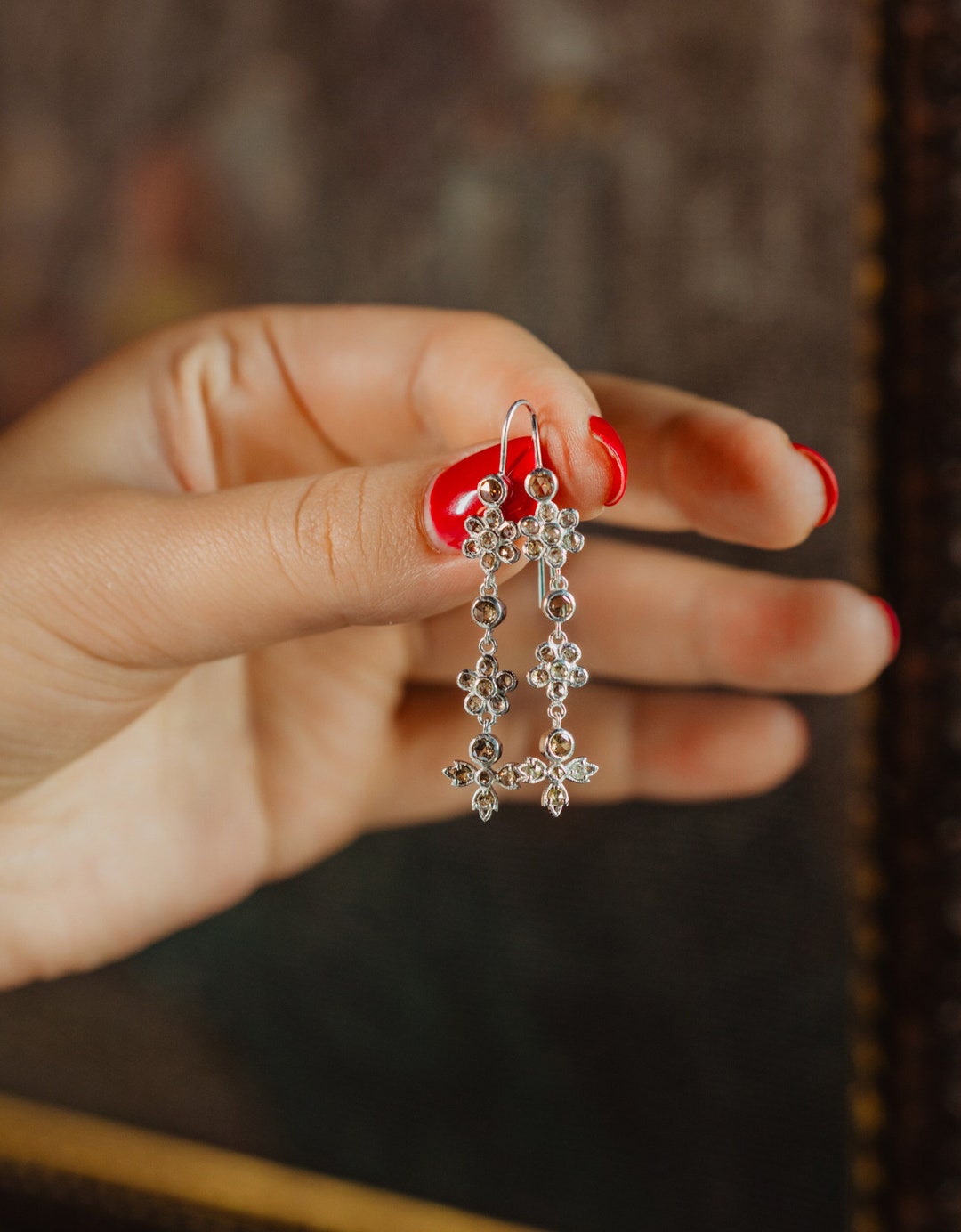 Salt and Pepper Rose Cut Diamond Floral Earrings, Imperfect Natural ...