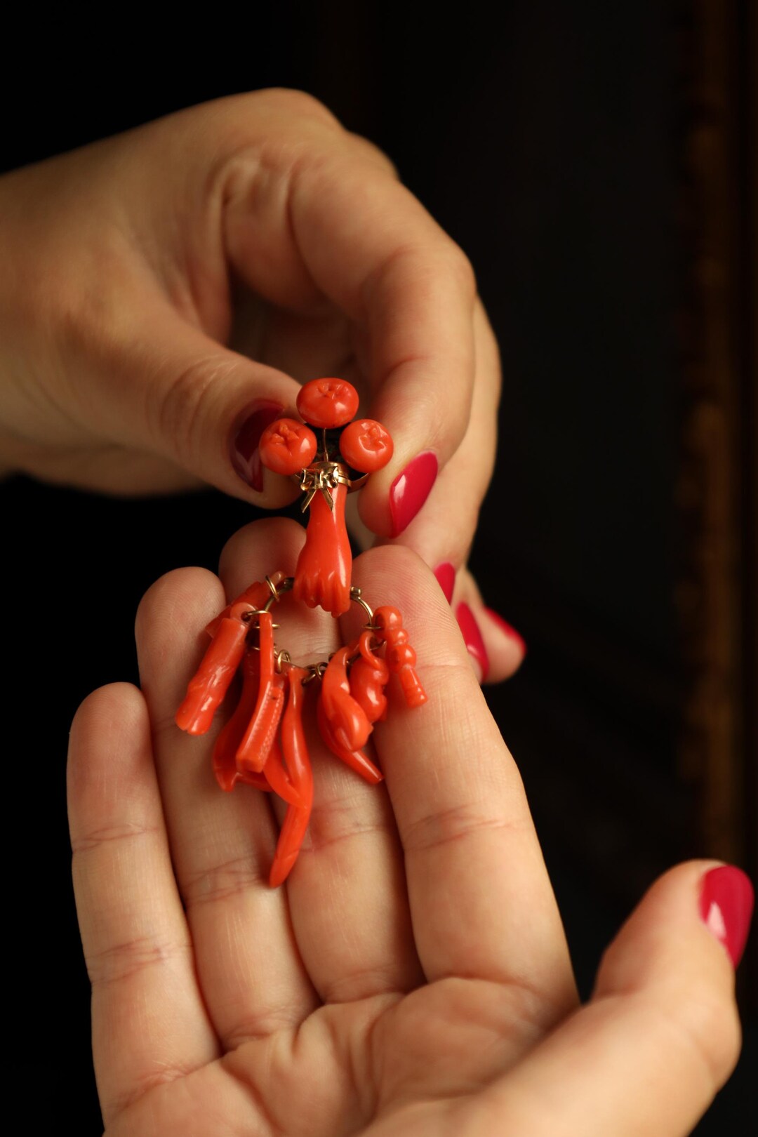 Victorian Coral Charm Brooch: 9k Solid Gold Hand With Lucky Charms - Etsy