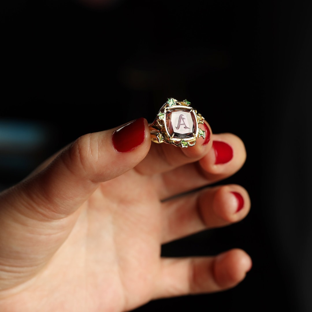 Signet Ring With Amethyst Intaglio: Green Enamel Ivy, Monogram Letter A ...