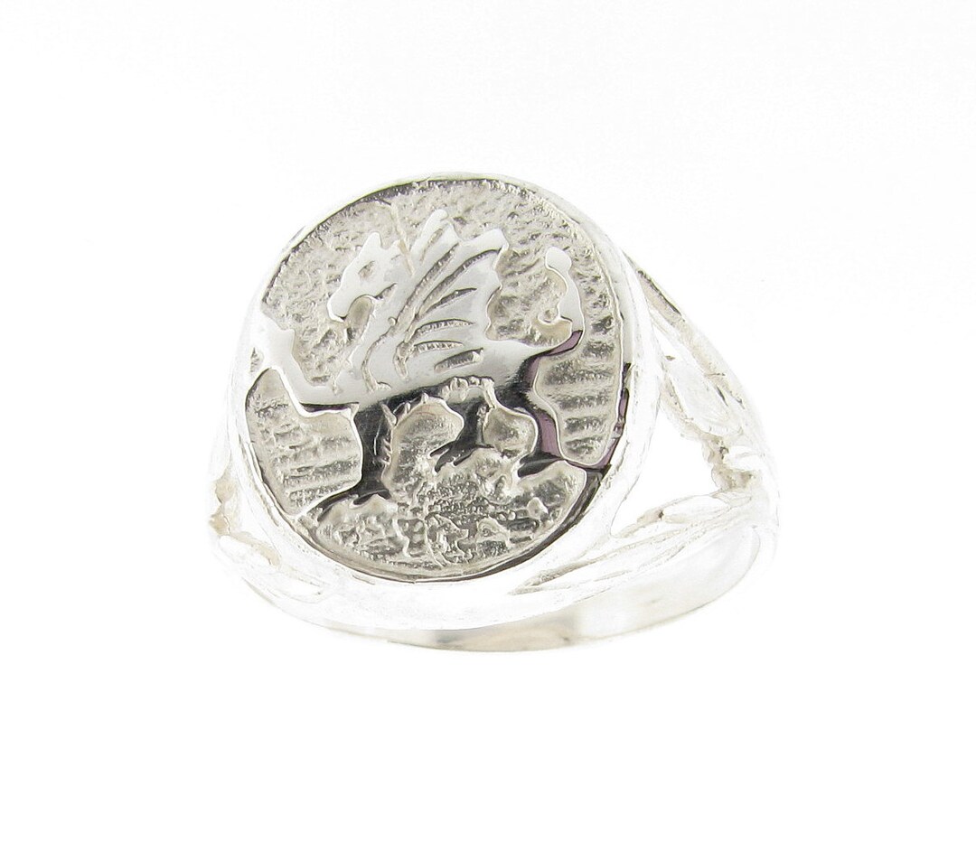 Solid Sterling Silver Mens Welsh Dragon Prince of Wales Feathers Oval ...