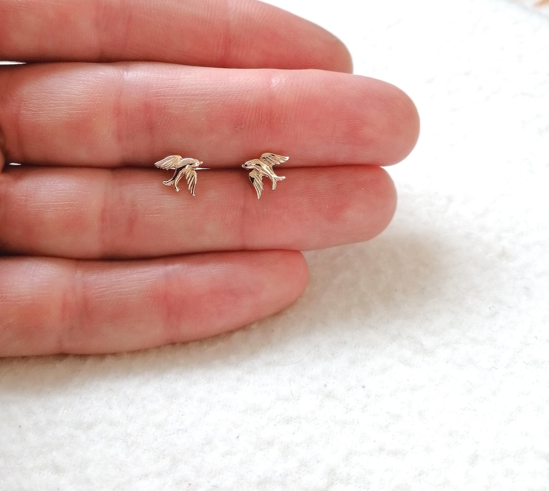 Swallow Stud Earrings Solid 9ct Yellow Gold, 9K Gold Flying Bird ...