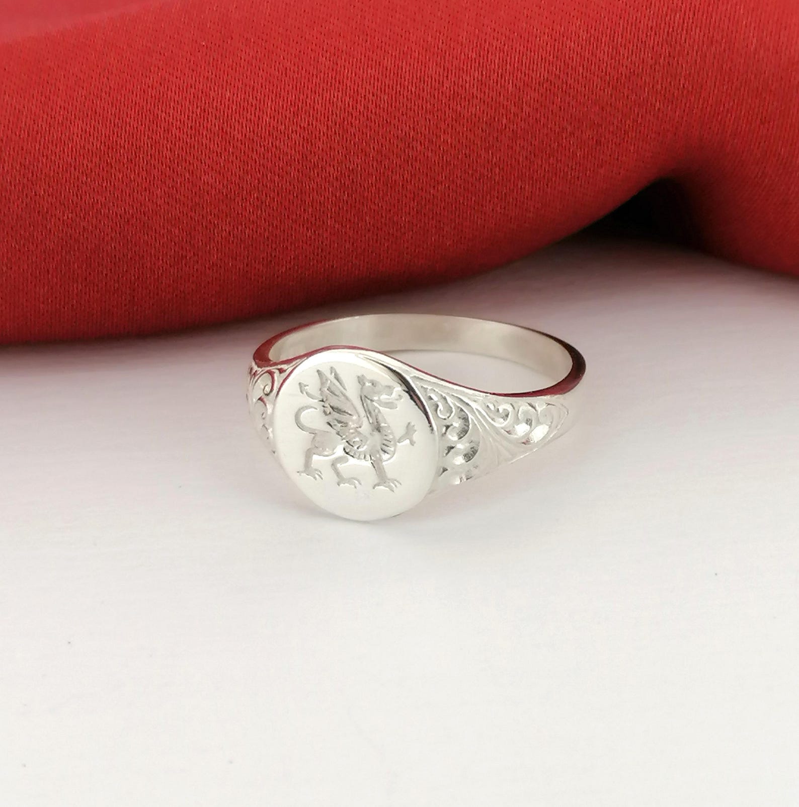 Sterling Silver Welsh Dragon Oval Signet Ring With Scrolls, Y Ddraig ...