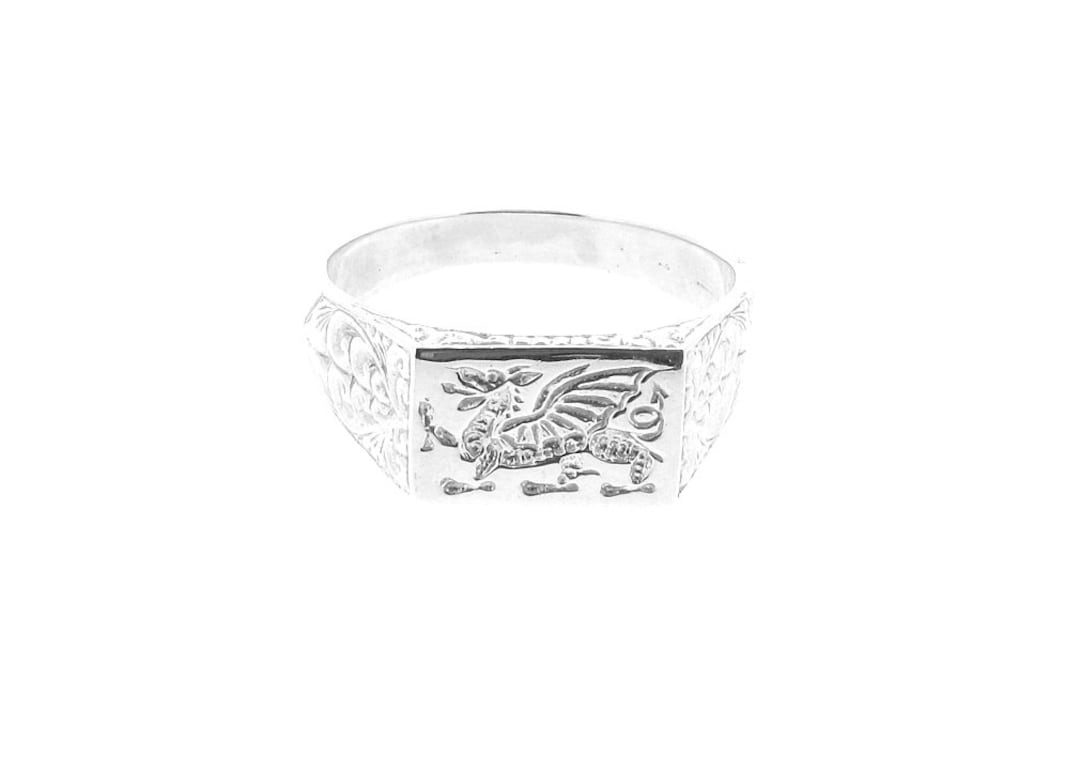 Solid Sterling Silver Men's Welsh Dragon Engraved Rectangle Signet Ring ...