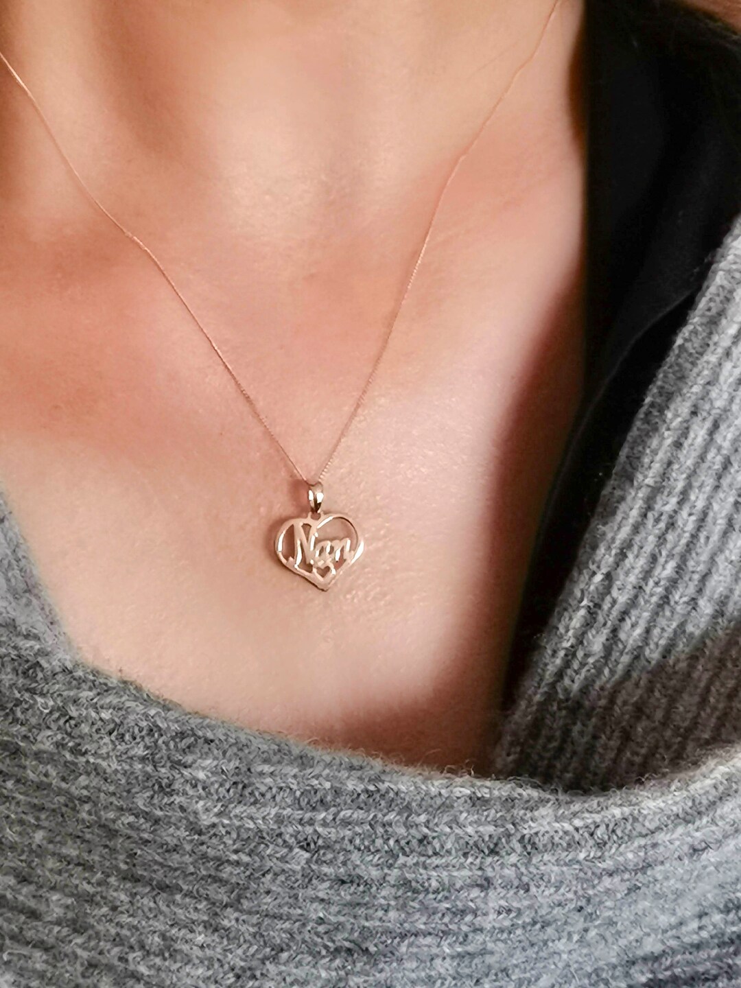 Solid 9ct Yellow Gold Heart Shape Nan Word Pendant Necklace, Birthday ...