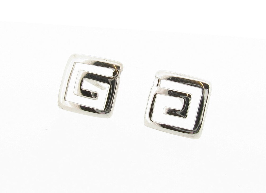 Ladies Sterling Silver Greek Key Fret Meander Design Square Stud ...