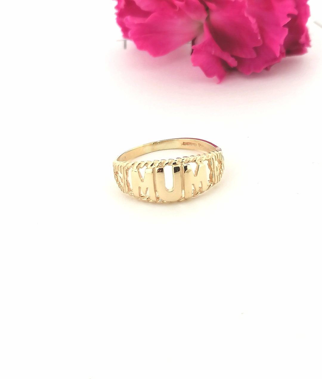 Solid 9ct Yellow Gold Mum Ring With Hearts, New Mum Mother's Day Baby ...