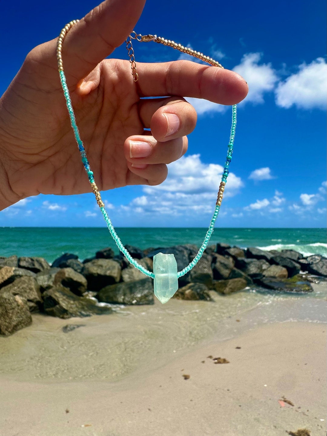 Aqua Aura Crystal Necklace, Beaded Crystal Necklace, Vsco Style, Beaded ...