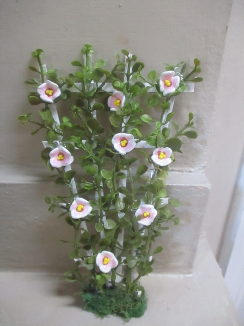 Miniature Dollhouse Trellis: Polymer Pink Morning Glories, White Wood ...