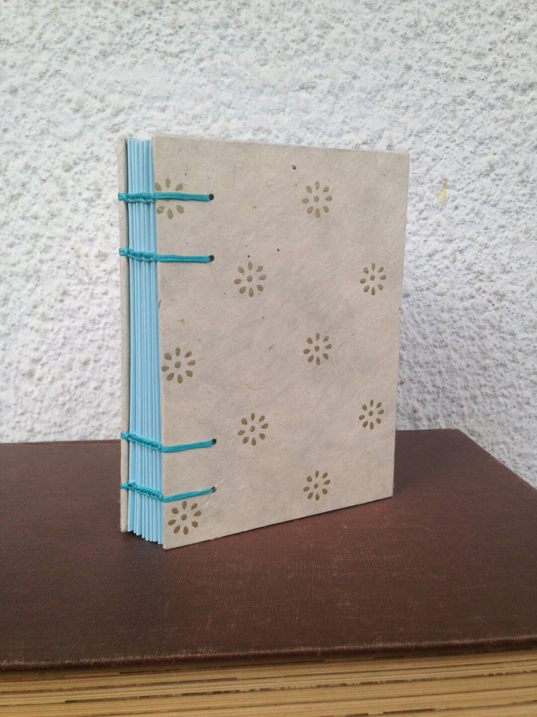 Coptic Stitch A6 Notebook, Lokta Paper Cover Journal, Gold Flowers ...