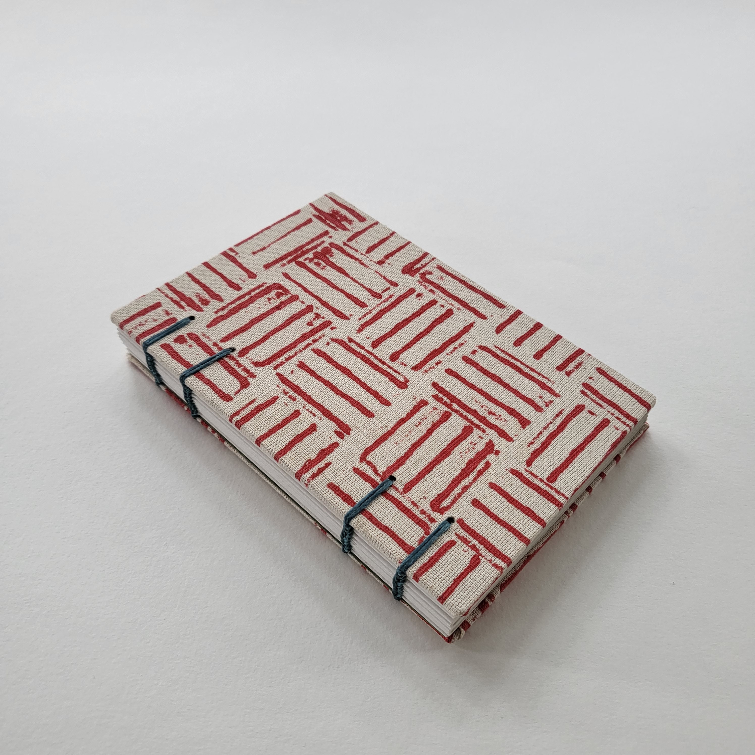 Block Printed Coptic Notebook, Hand Stamped Red Stripes Print Fabric ...