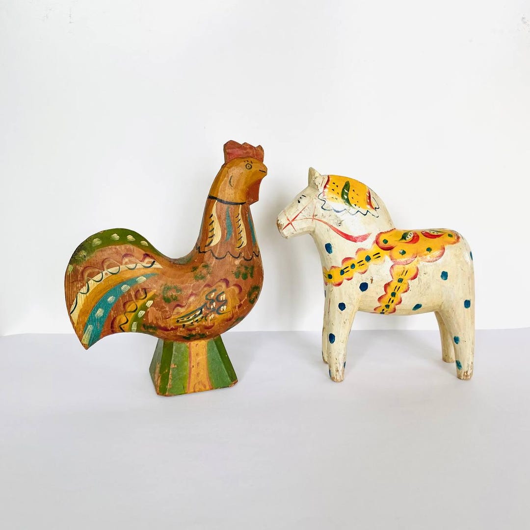 Original Vintage Dala Horse and Dala Rooster, Hand-carved and Painted ...