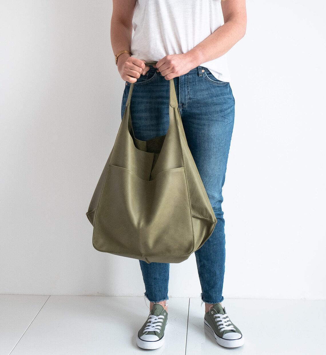 Olive Green LEATHER TOTE Bag Slouchy Tote Light Green | Etsy