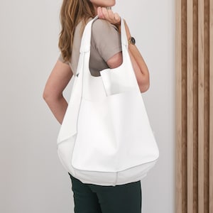 WHITE LEATHER TOTE Bag, Slouchy Tote, Pure White Handbag for Women ...