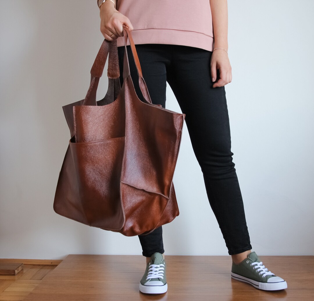 XXL Oversized Bag, LARGE Cognac Brown LEATHER Tote, Brown Handbag for ...