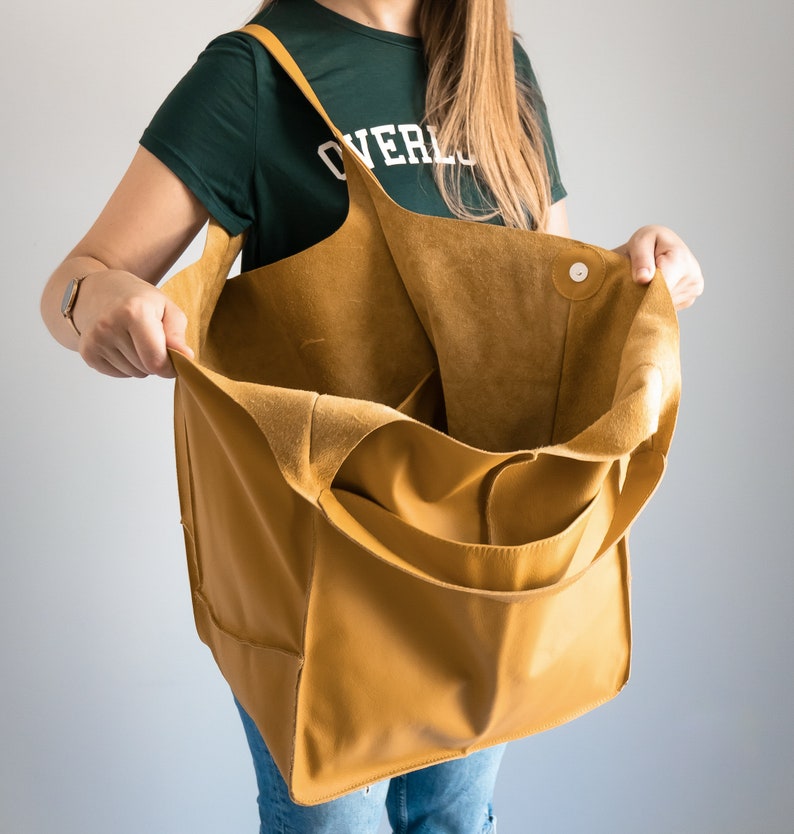 Yellow Oversized Bag Large Leather Tote Bag Every Day Bag | Etsy