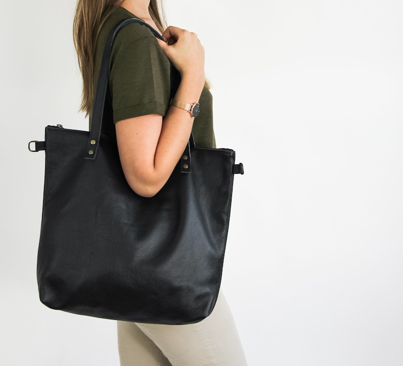 BLACK Leather Shopper Bag BIG Leather Tote Bag Large | Etsy