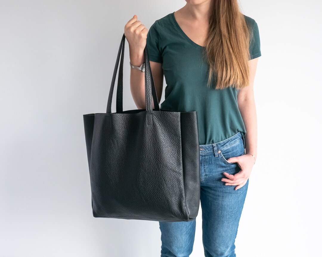 LARGE BLACK Shoulder Bag, Black Leather Shopper Bag, Big Tote Bag ...