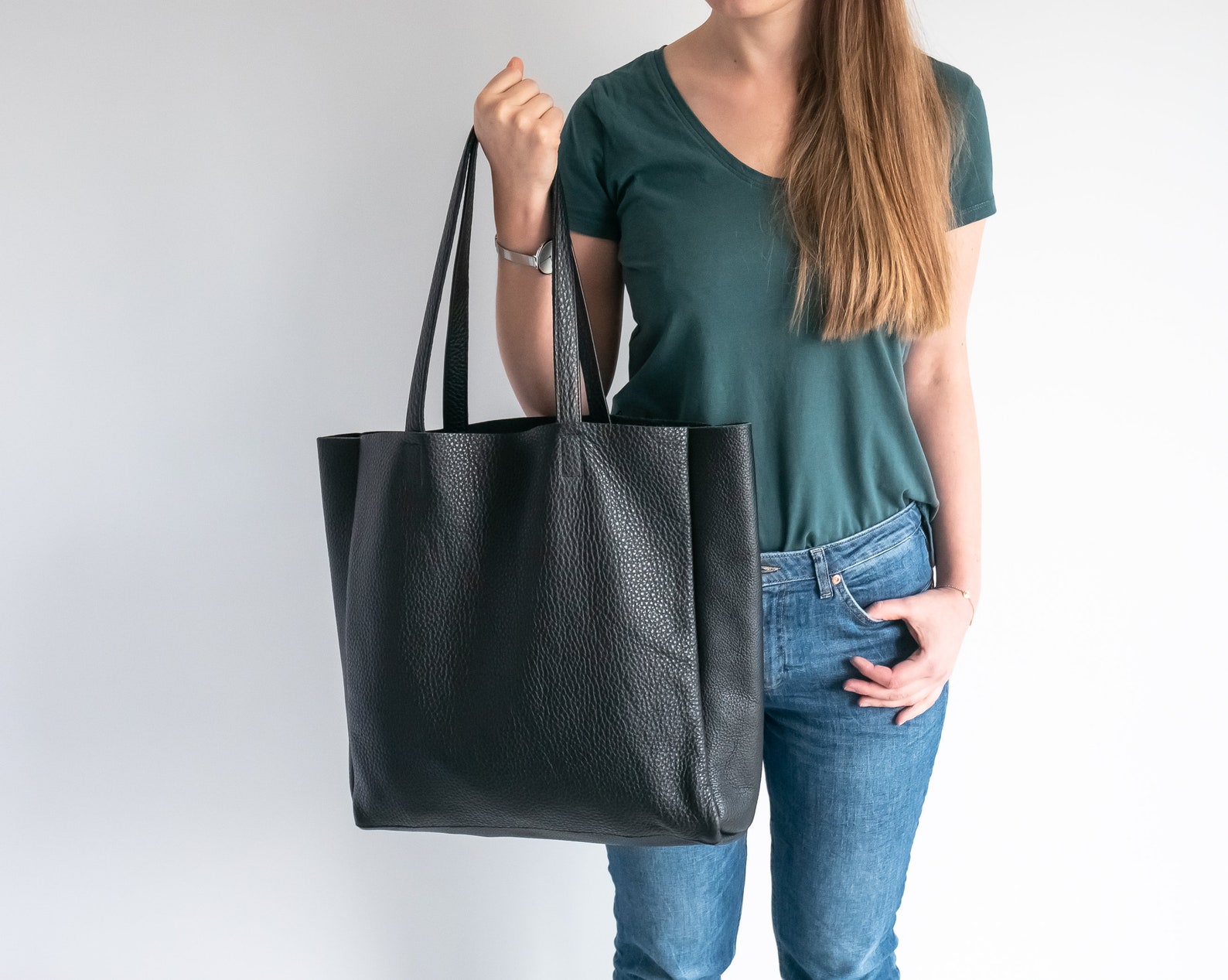 LARGE BLACK Shoulder Bag Black Leather Shopper Bag Big Tote - Etsy