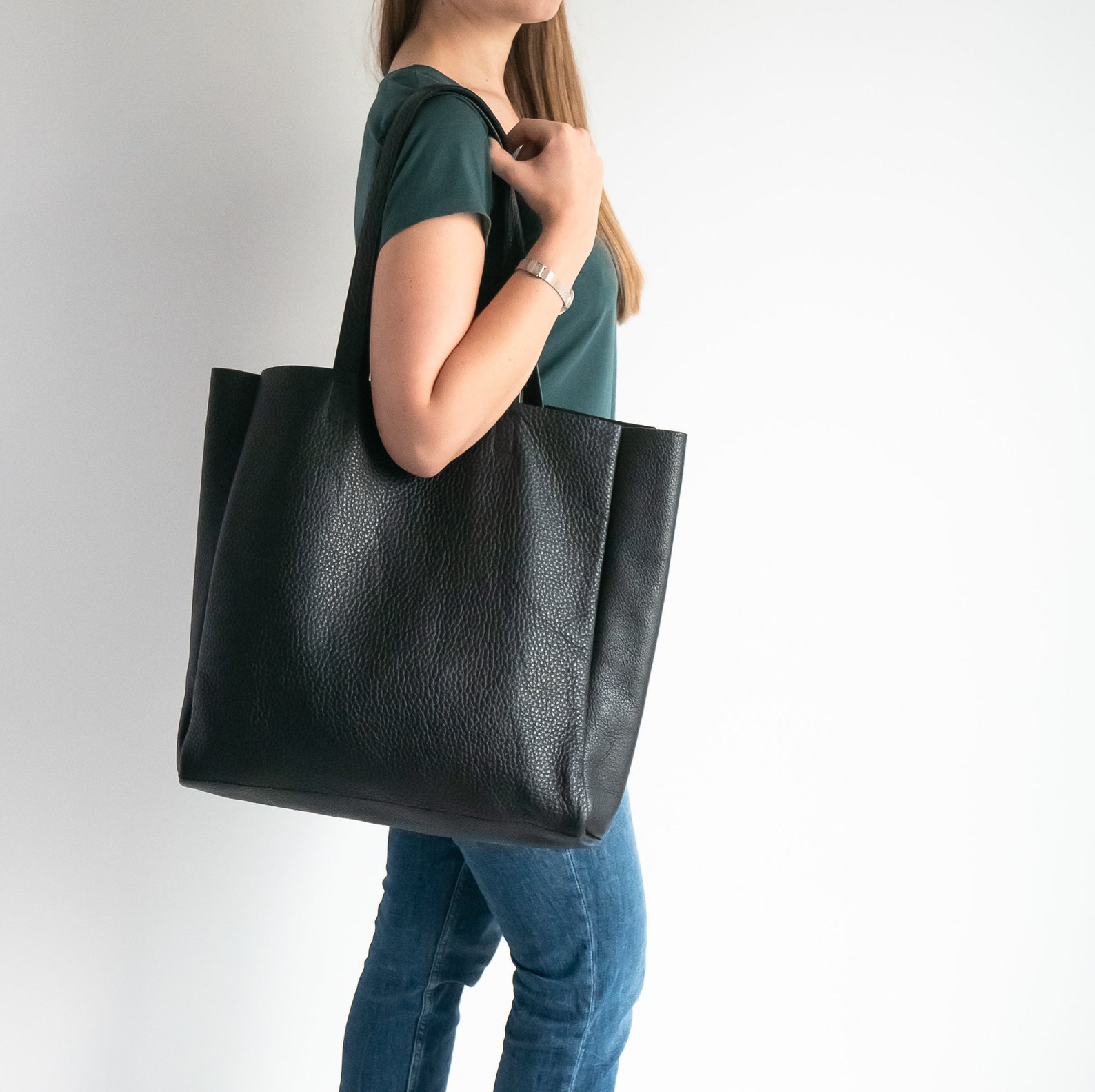 LARGE BLACK Shoulder Bag Black Leather Shopper Bag Big Tote - Etsy