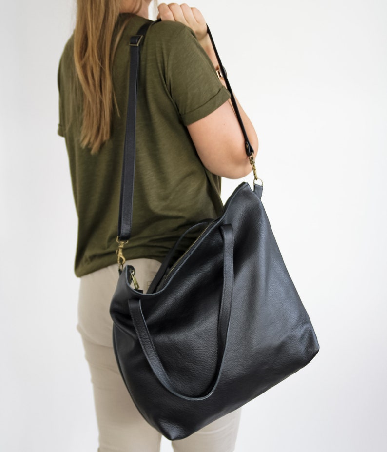 BLACK Leather Shopper Bag BIG Leather Tote Bag Large - Etsy