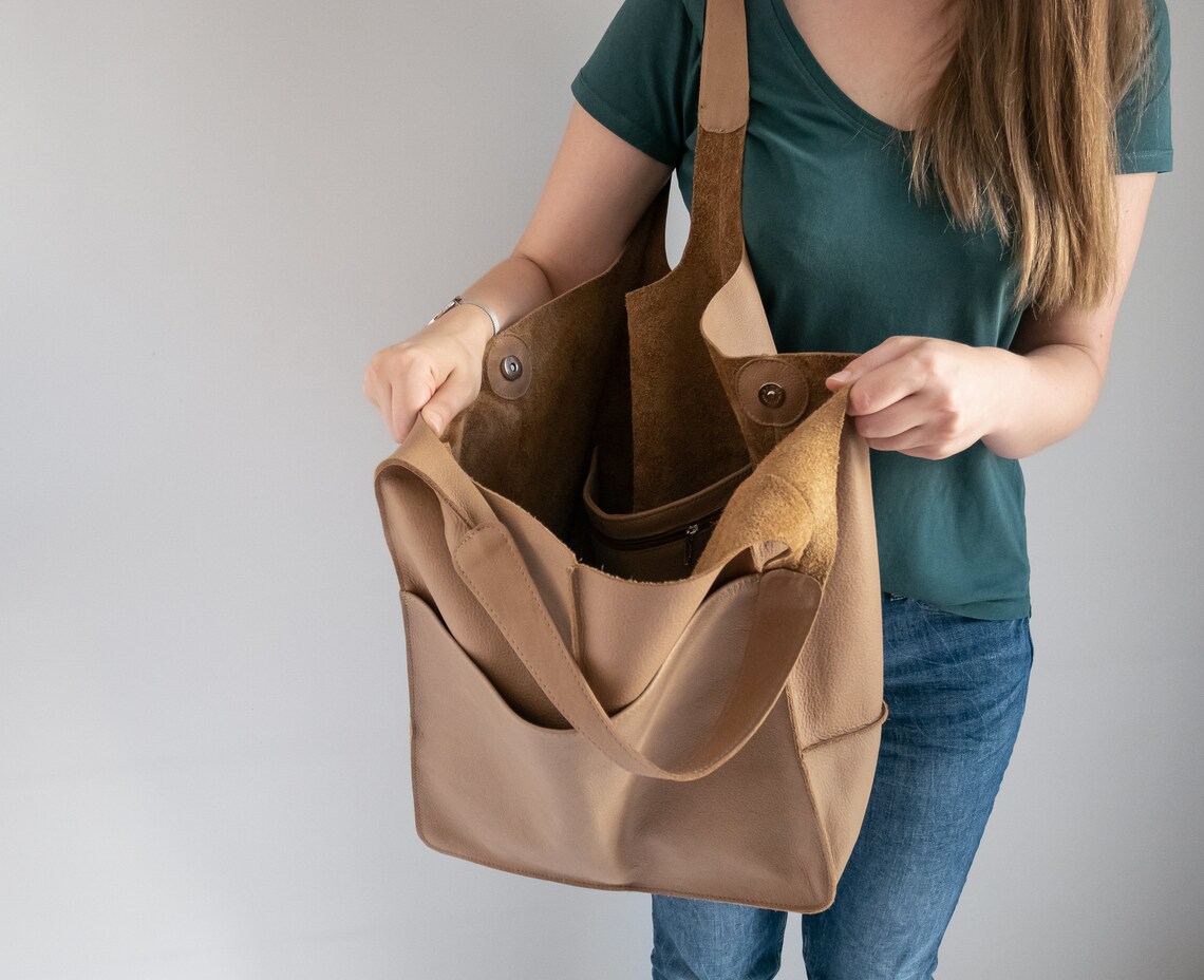TAN LEATHER Tote Bag Slouchy Tote Leather Handbag for Women - Etsy