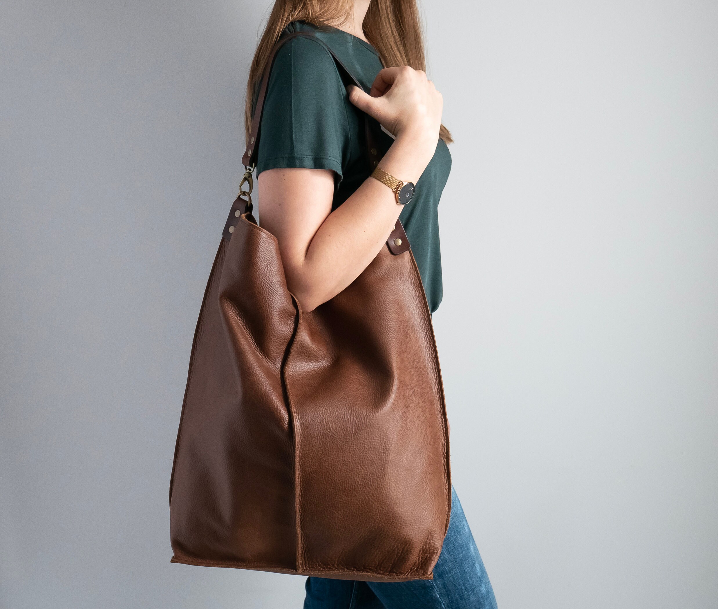 Dark BROWN Leather Oversized HOBO Bag Large Shopper Bag | Etsy