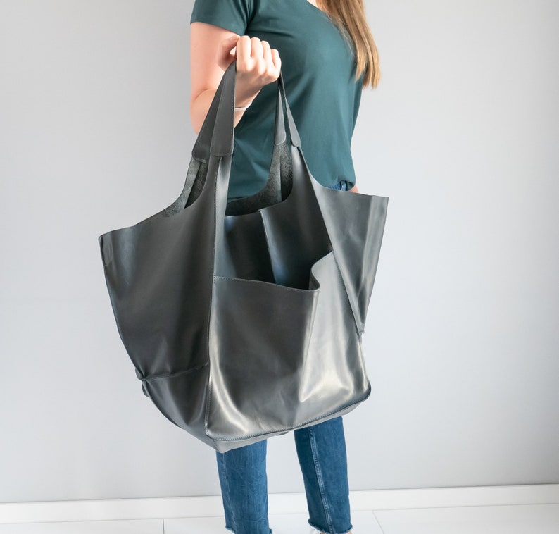 Gray LEATHER TOTE Bag Large Slouchy Tote Dark Grey Handbag | Etsy