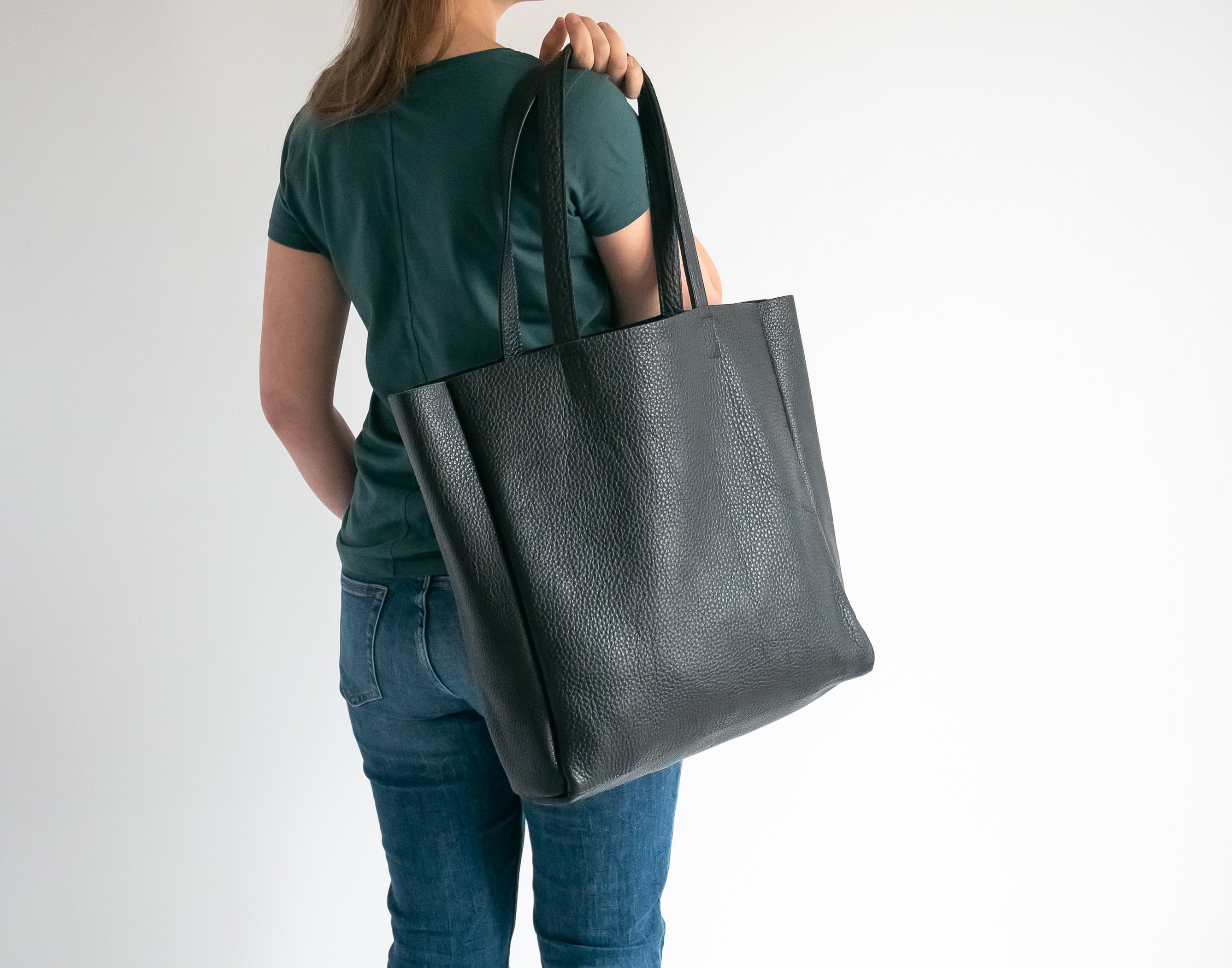 LARGE BLACK Shoulder Bag Black Leather Shopper Bag Big Tote - Etsy