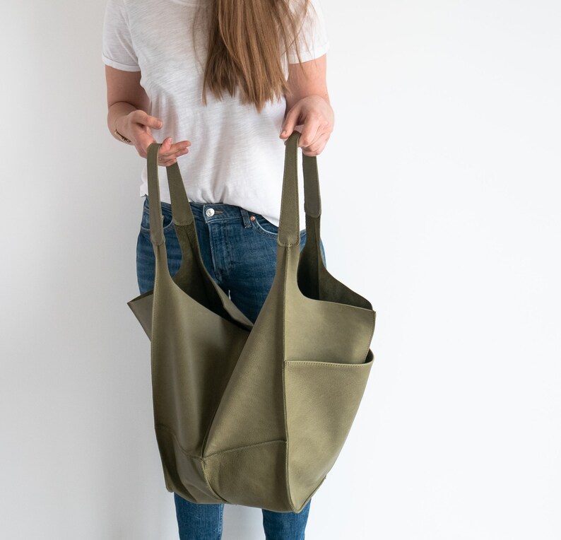 Olive Green LEATHER TOTE Bag, Slouchy Tote, Light Green Handbag for ...