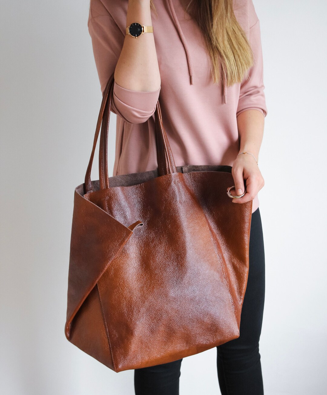 BROWN Large Tote OVERSIZE SHOPPER Bag Cognac Leather Shoulder Bag ...