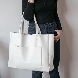White Leather Tote Bag Large, Oversized Handmade Shoulder Bag ...