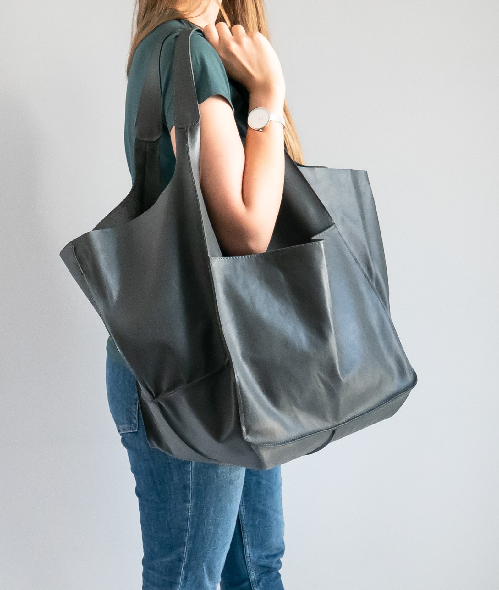 Gray LEATHER TOTE Bag Large Slouchy Tote Dark Grey Handbag - Etsy