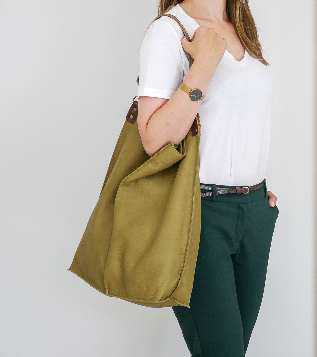 Green Leather Hobo Bag, Oversized Shoulder Purse, Large Olive Handbag ...