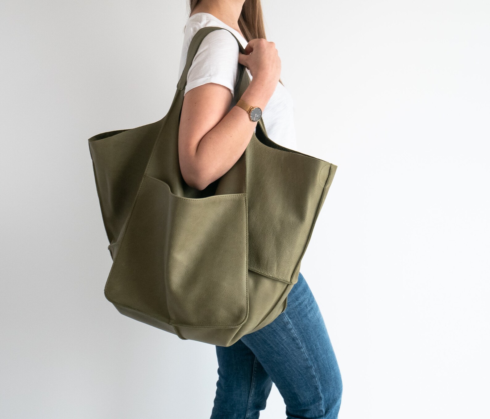Olive Green LEATHER TOTE Bag, Slouchy Tote, Light Green Handbag for ...