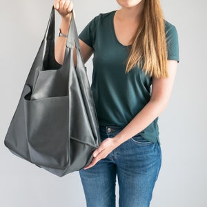 Weekender Oversized Bag, GRAY Large Leather Tote Bag, Slouchy Tote ...