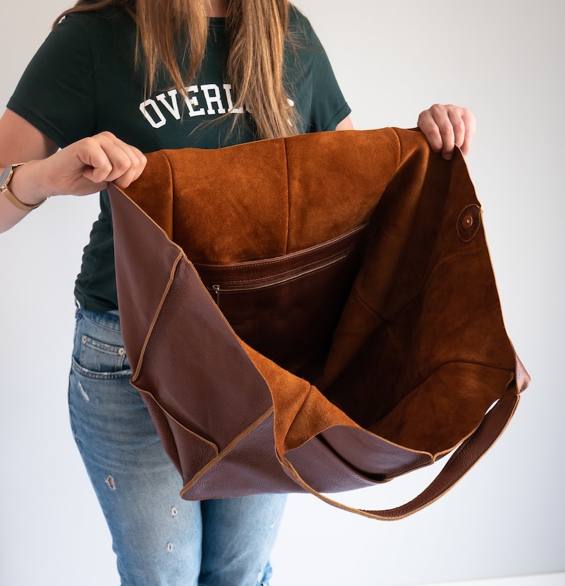 Brown Leather Tote Bag Oversize Slouchy Tote Large Handbag Etsy