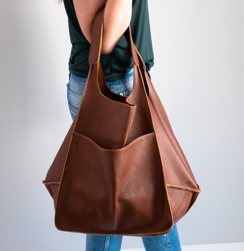 Brown Leather Tote Bag Oversize Slouchy Tote Large Handbag Etsy