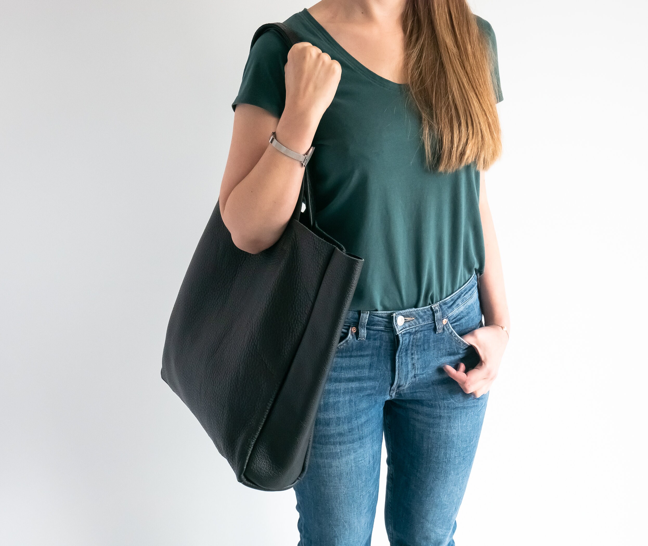 LARGE BLACK SHOPPER Bag Black Leather Shopper Big Tote Bag - Etsy