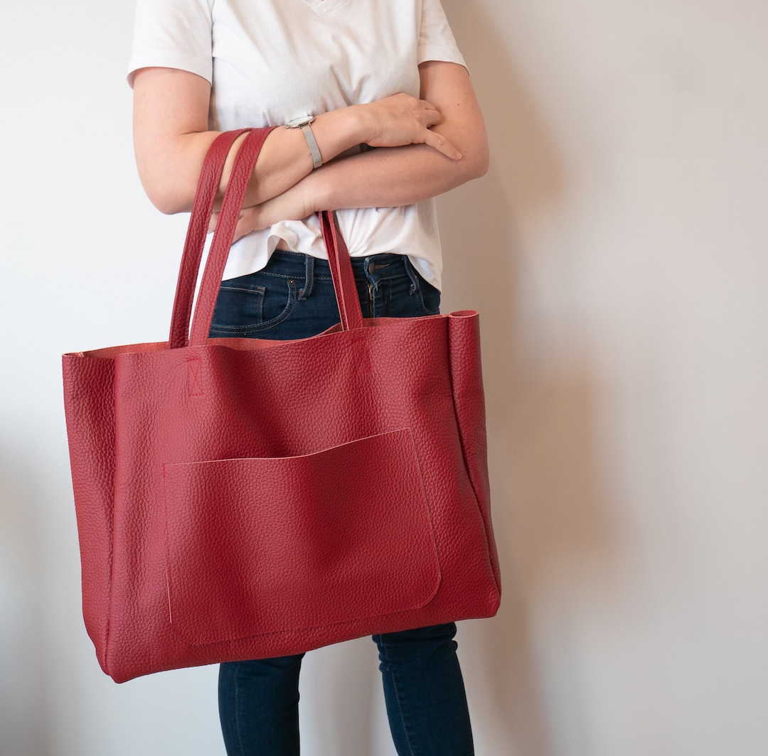 LEATHER TOTE BAG | Oversized Crimson Red Handbag | Spacious Work Travel ...