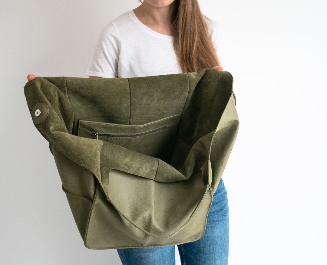 Olive Green LEATHER TOTE Bag, Slouchy Tote, Light Green Handbag for ...