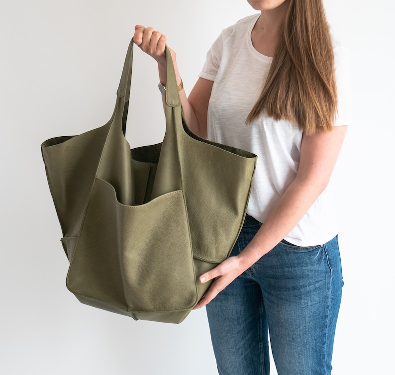 Olive Green LEATHER TOTE Bag, Slouchy Tote, Light Green Handbag for ...