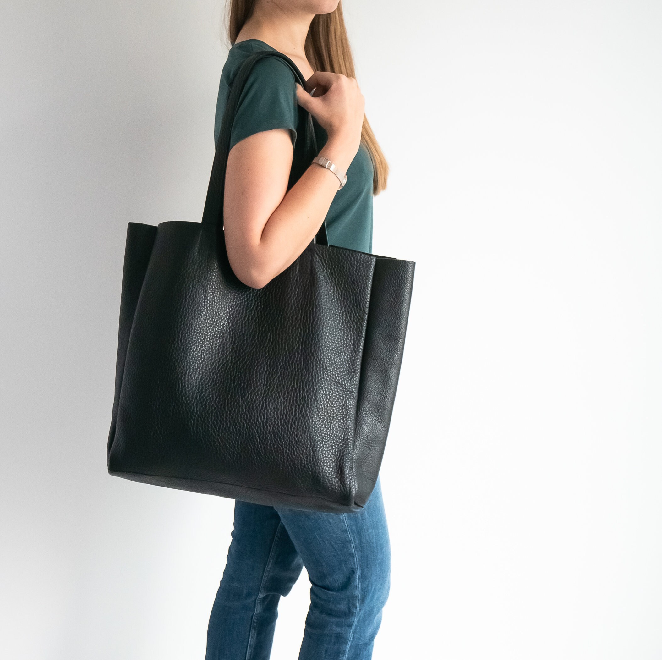 LARGE BLACK SHOPPER Bag Black Leather Shopper Big Tote Bag - Etsy