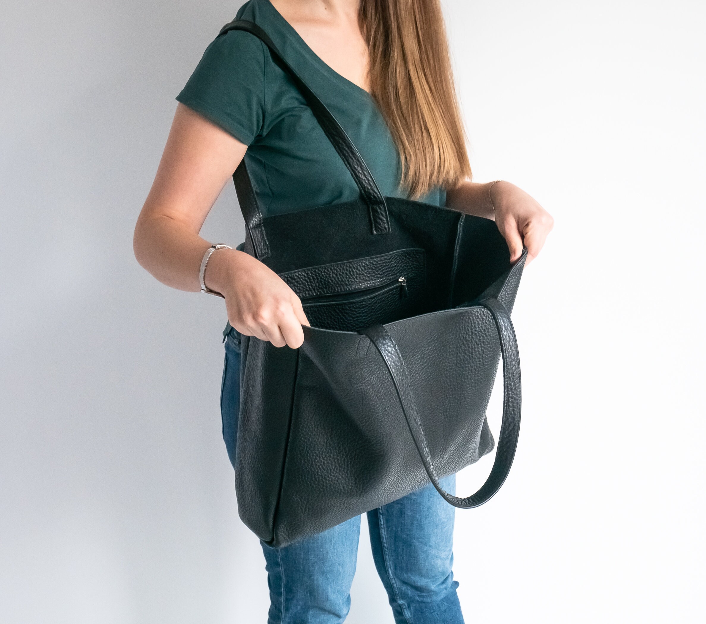 LARGE BLACK Shoulder Bag Black Leather Shopper Bag Big Tote - Etsy