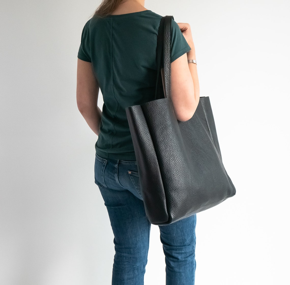 LARGE BLACK Shoulder Bag Black Leather Shopper Bag Big Tote - Etsy