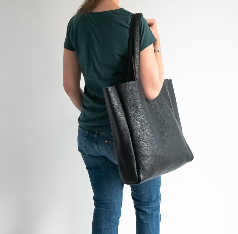 LARGE BLACK Shoulder Bag Black Leather Shopper Bag Big Tote - Etsy